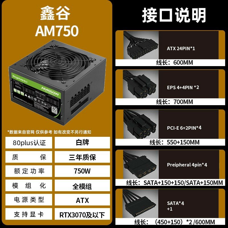 Полностью модульный блок питания Xingu AN550/AM650/750W для настольных компьютеров, белый.
