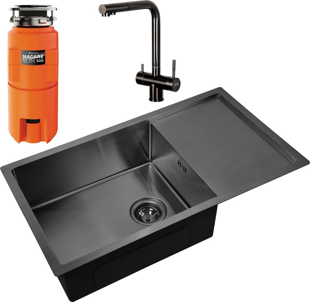 Комплект Мойка Zorg Inox PVD 7844 78x44, grafit, нержавеющая сталь / Смеситель Inox SZR-7039 GRAFIT графит, графит / Измельчитель Omoikiri Nagare slim 500 электрический, нержавеющая сталь