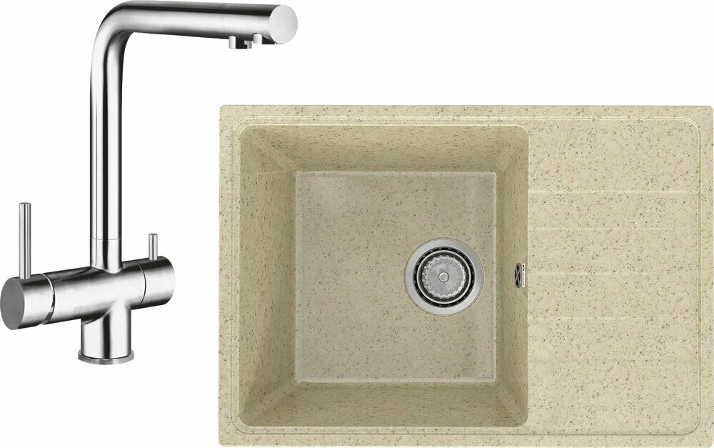 Комплект Мойка Practik PR-M 600-002 60x42, слоновая кость, искусственный мрамор / Смеситель Lava SG14 CR глянцевый хром, глянцевый хром