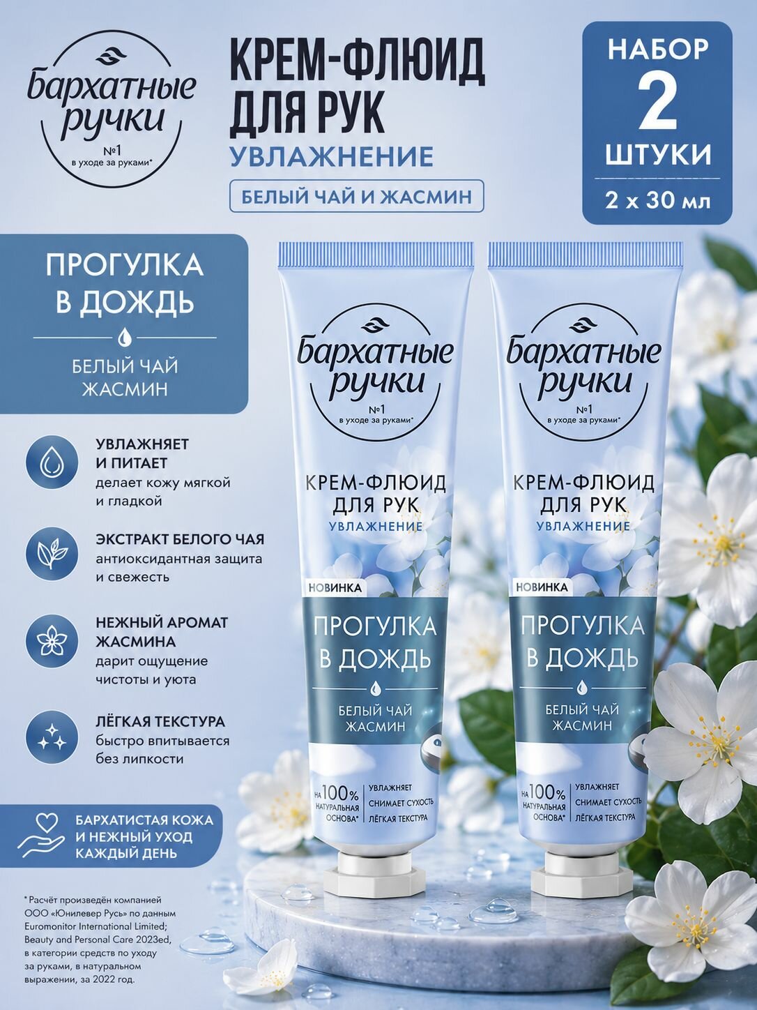 Набор 2 шт Бархатные ручки Крем-флюид для рук парфюмированный Увлажнение Белый чай и жасмин 30 мл