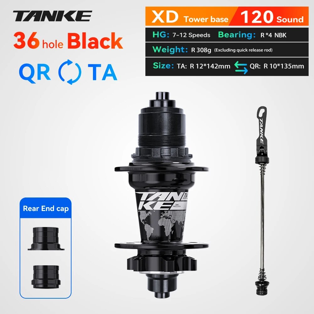 Велосипедные втулки TANKE TH-390 передние и задние 32/36 отверстий 6 Черный, 36H Black R XD TA-QR
