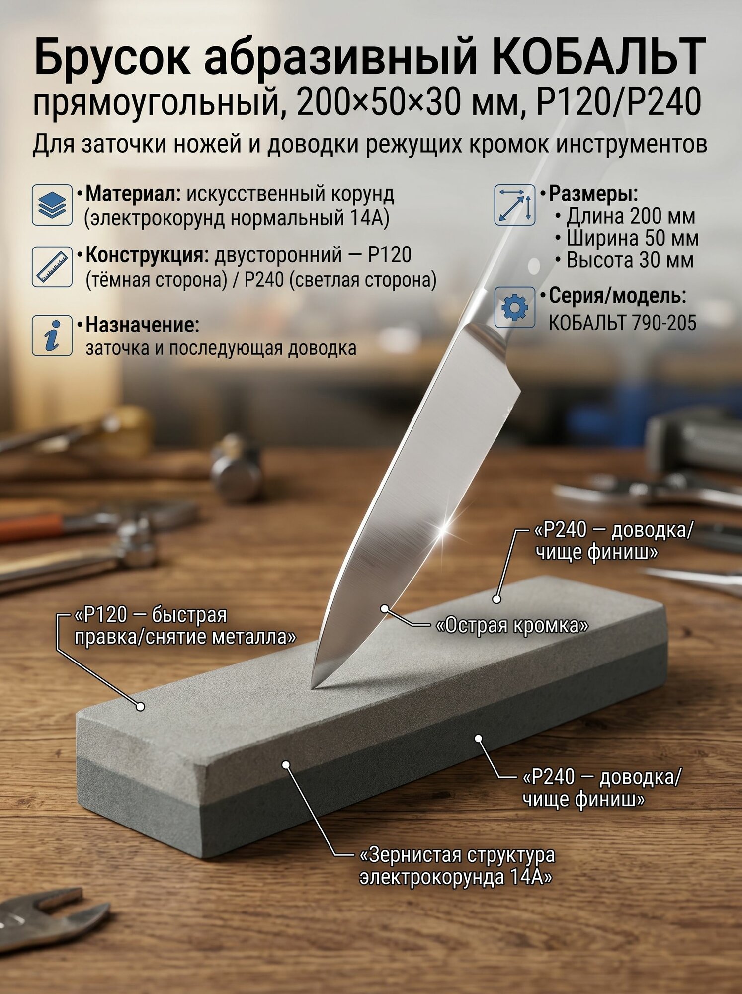 Брусок абразивный двусторонний кобаль / точилка для ножей , зернистость Р120/240
