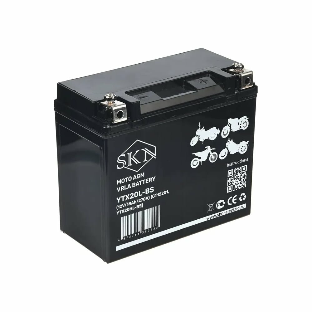 Аккумулятор стартерный для мототехники SKN YTX20L-BS (12V/18Ah/270A) [CT 12201, YTX20HL-BS] 025275