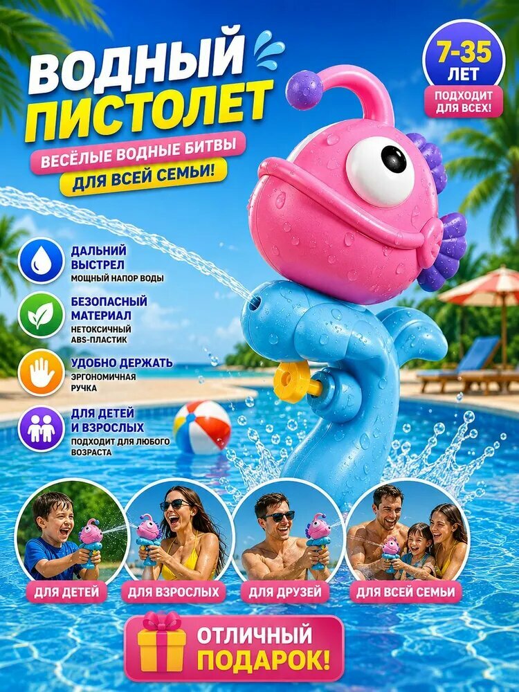 Водный пистолет детский, игрушка-рыбка, для бассейна, пляжа, дачи, летние игры, помповый механизм, безопасный для детей