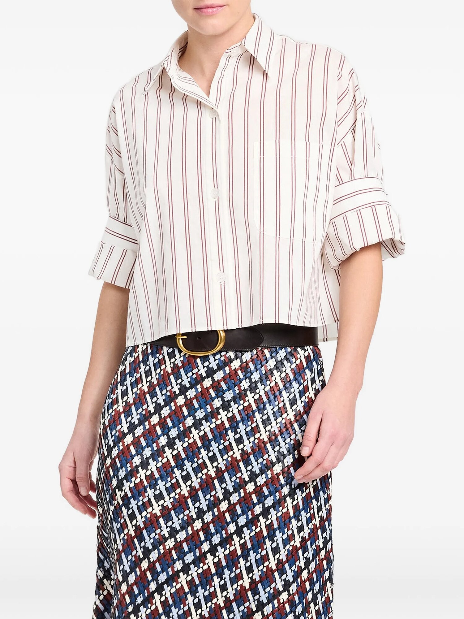Рубашка TWP Stripe-pattern cropped shirt, размер M-L, бежевый/белый — фото 1