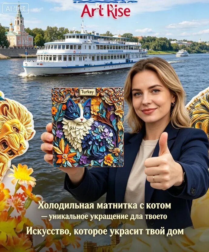 Магнит на холодильник из турецкой керамики: расписная кошка. Сувенир ручной работы, подарок из турции для путешественников