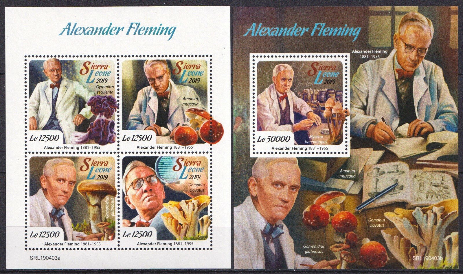 Марки 2019 год Sierra Leone Грибы Александр Флеминг #10959-962+Bl1714 Mnh