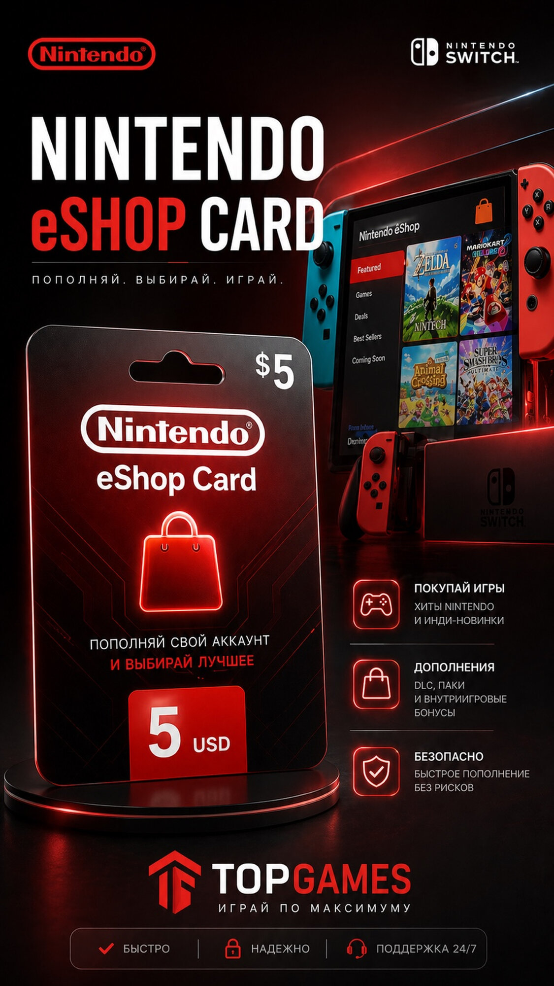 Подарочная карта Nintendo eShop 5$ США (USA), Nintendo Gift Card 5$ USD, Цифровой код