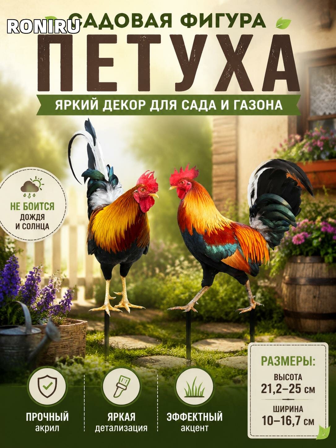 Садовая фигура петуха из акрила — яркий декор для сада и газона, устойчивая к дождю и солнцу, эффектный акцент
