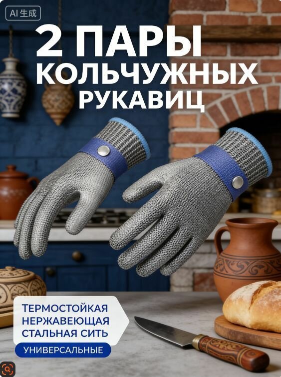 Кольчужные рукавицы термостойкие, универсальные 2 пары из нержавеющей стали для кухни перчатки