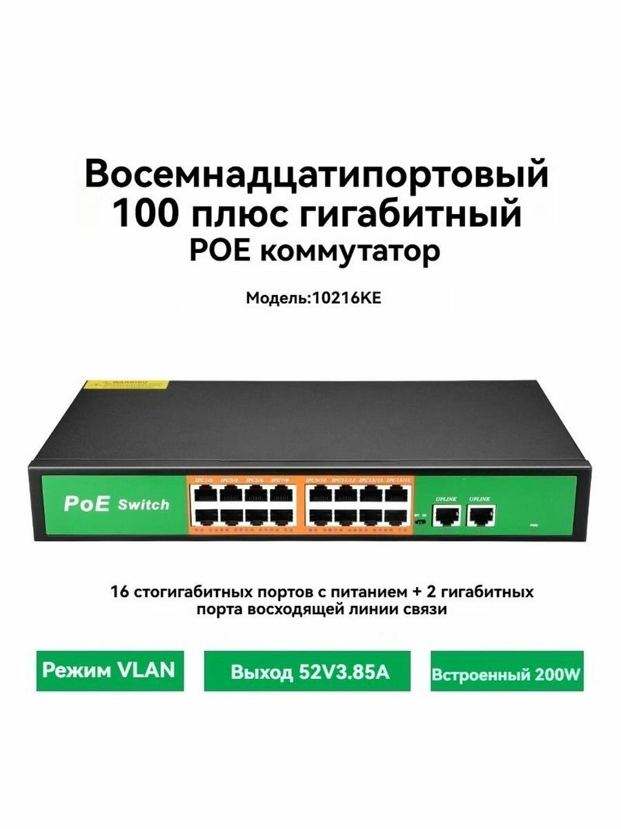 Sw16poe Коммутатор (свитч). 16 PОЕ ( 802.3af/at) пopтов, +2 GE 1000Мбит/с порта. sw16poe.