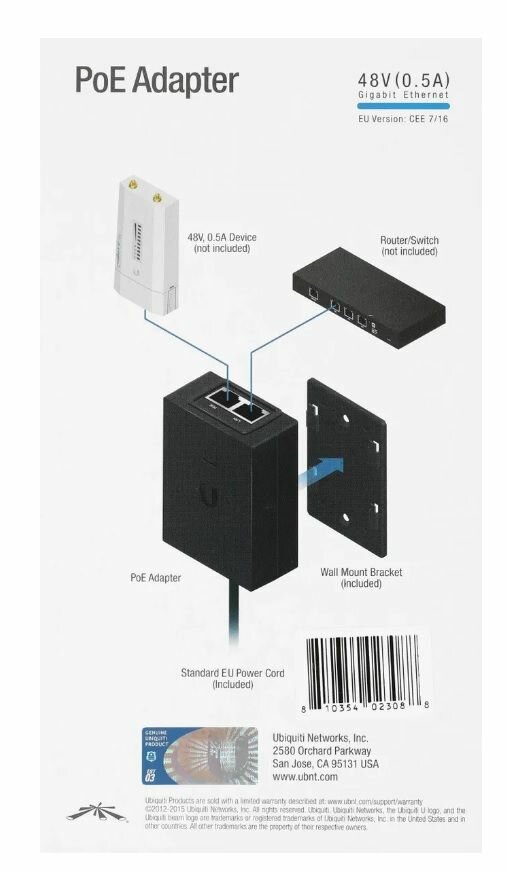 PoE инжектор Ubiquiti POE-48-24W-G 10/100/1000BASE-T 100-240В (АС),(0,5А).48V