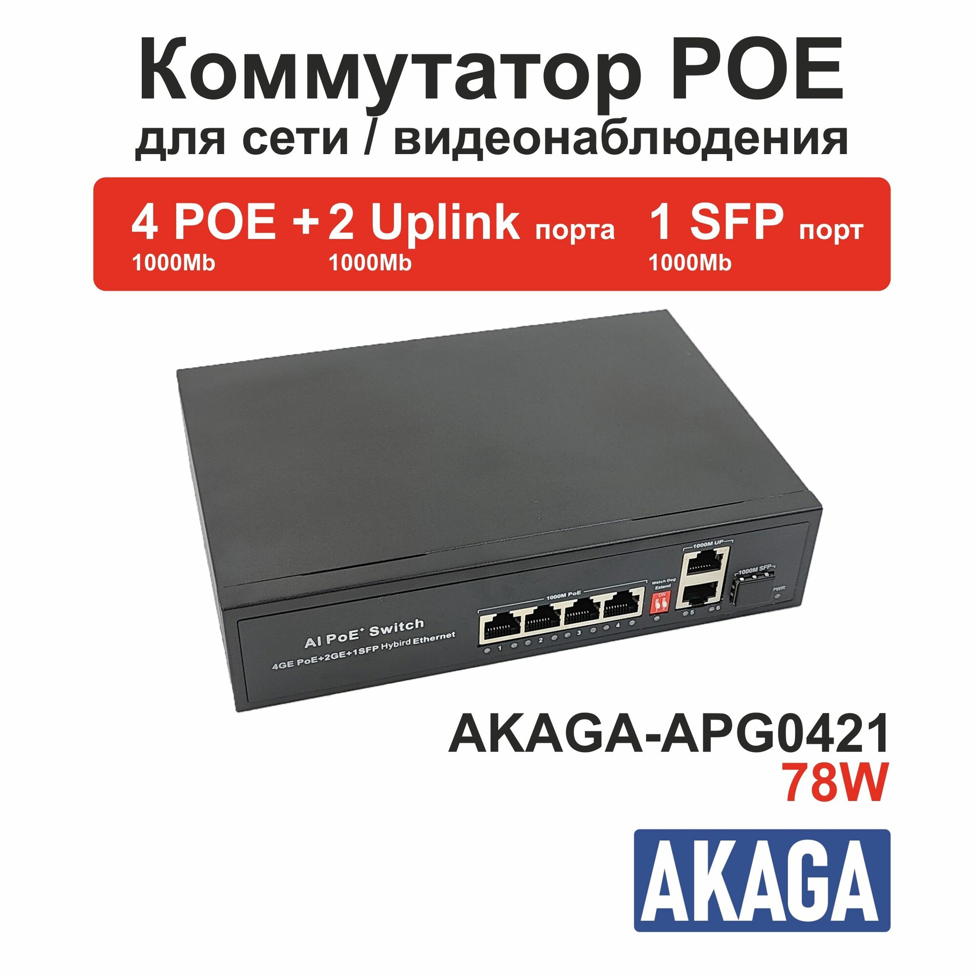 Коммутатор POE 4 порта AKAGA-APG0421. 78W. (10/1000M)+2 uplink GIGABIT (1000M)+1 SFP GIGABIT (1000M)