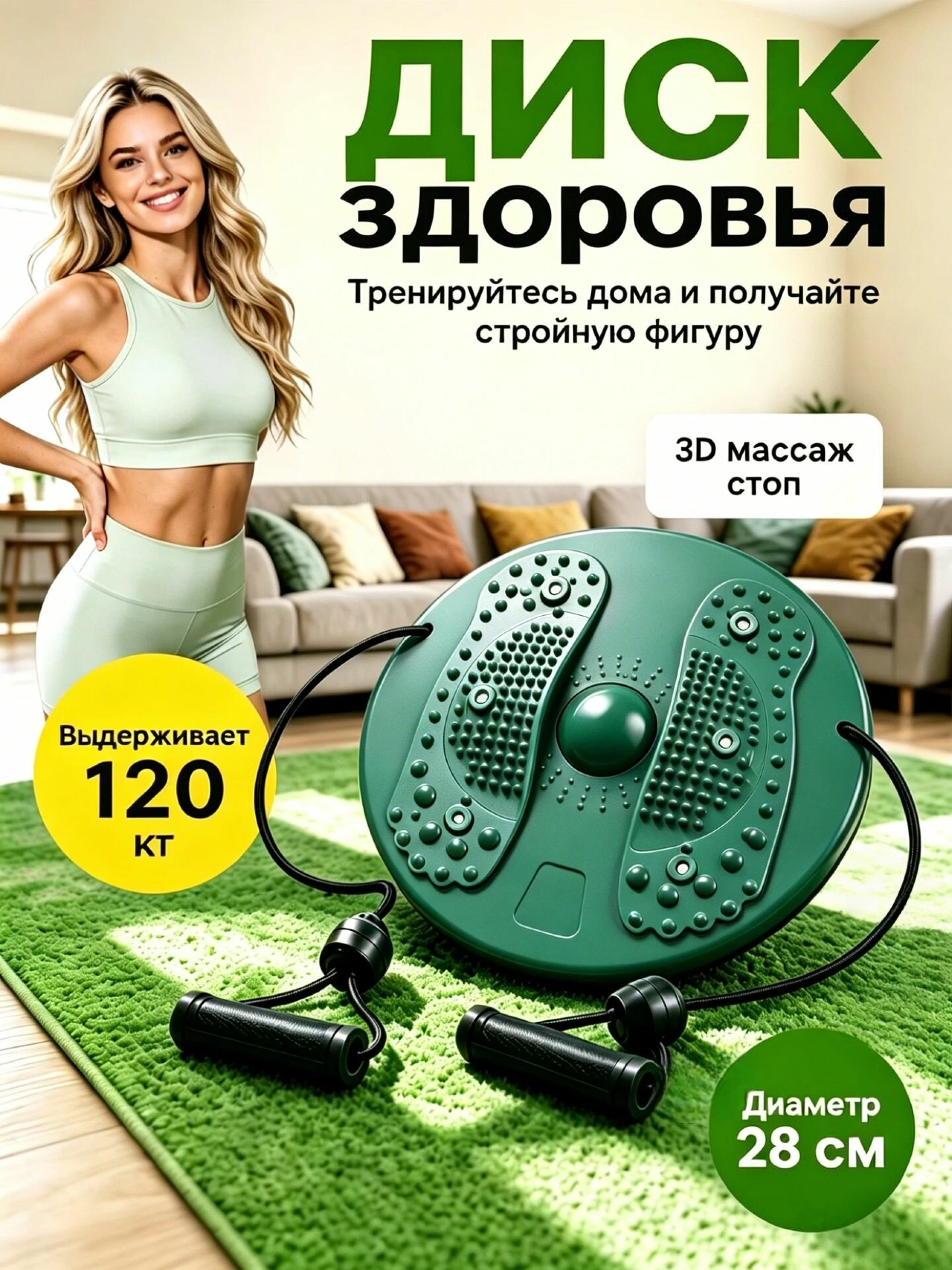 Диск здоровья с эспандерами и массажной платформой, фитнес диск, балансборд