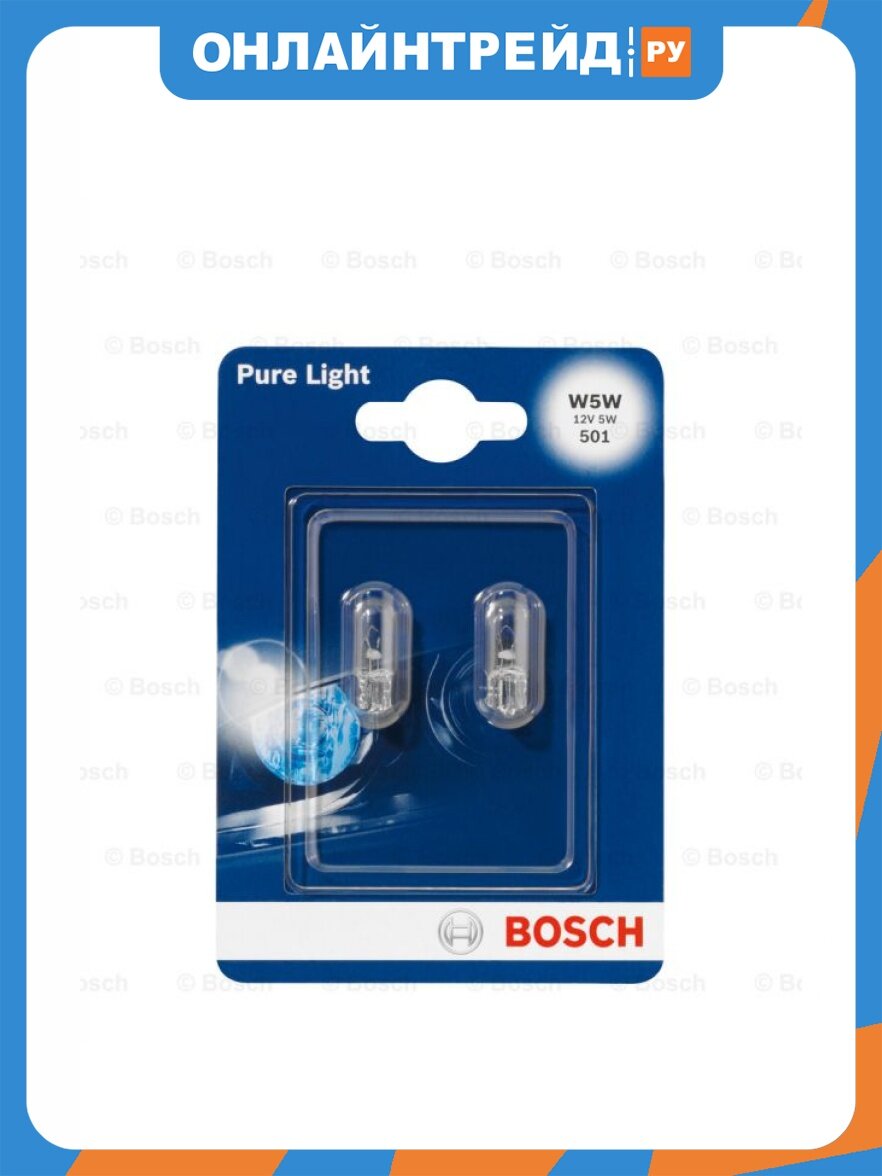 Лампа автомобильная Bosch Pure LightW5W 5W W2.1x9.5d, 2шт, 1987301026