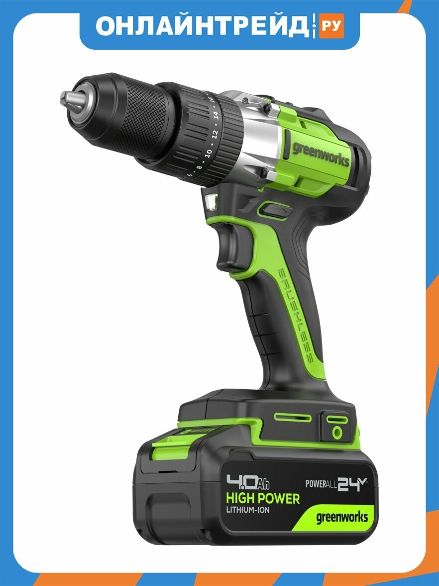 Дрель-шуруповерт аккумуляторная ударная Greenworks GD24DD60, 24V, б/щет, 30/60Нм,1х4Ач, ЗУ, кор (3704107CUB)