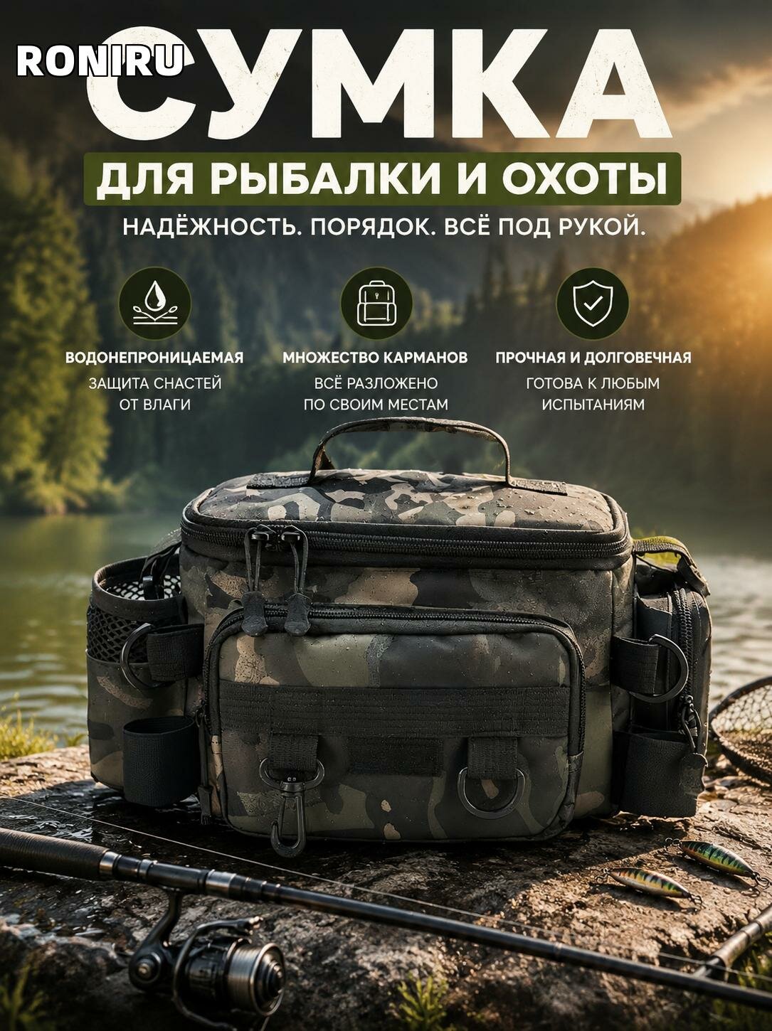 Сумка для рыбалки и охоты — удобный рюкзак для снастей и приманок с множеством карманов, водонепроницаемая и прочная