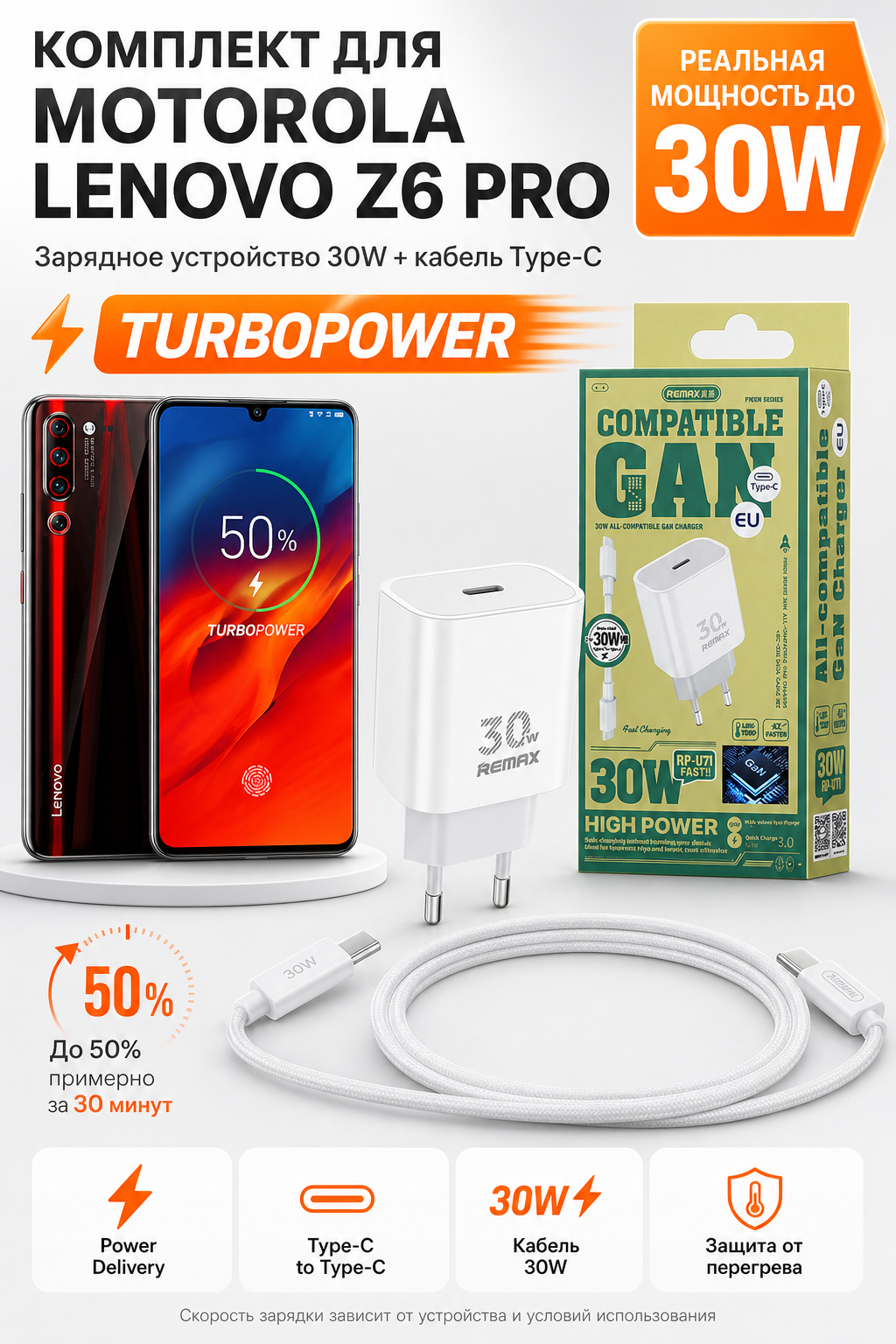 Комплект зарядки Lenovo Z6 Pro блок и кабель USB Type-C 30 Вт быстрая зарядка