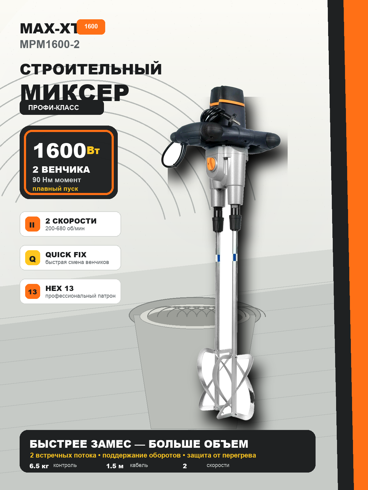 Строительный миксер MAXXT MPM1600-2, 1600 Вт, 2 венчика, 2 скорости, плавный пуск