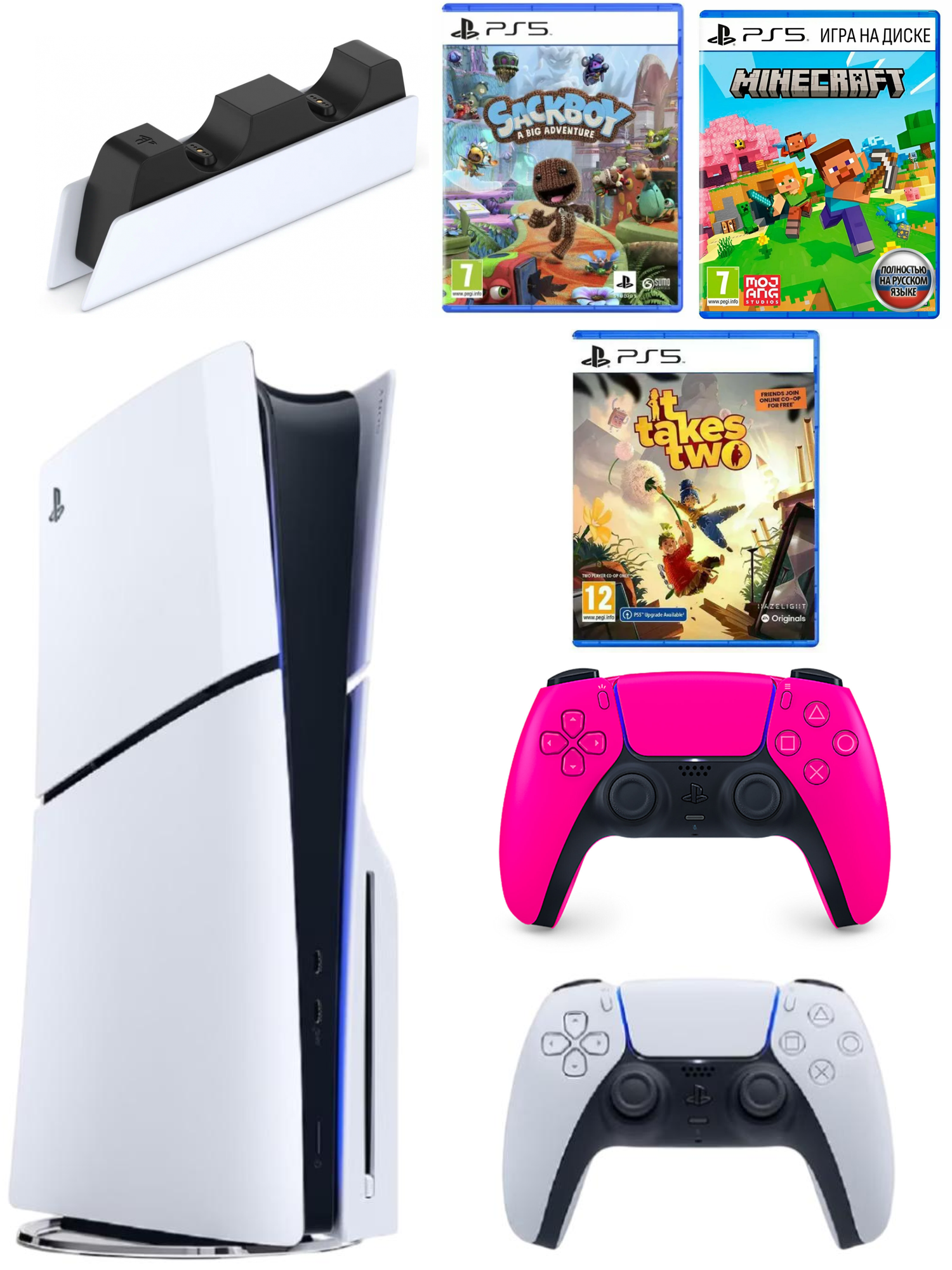 Игровая приставка Sony PS 5 Slim 5 1ТБ,2-ой геймпад DualSense, зарядная станция+игры(It Takes Two, Sackboy, Minecraft)