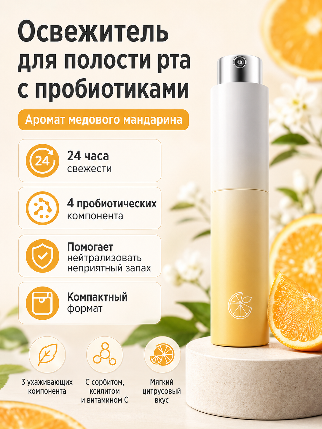Освежитель для полости рта 8 мл, вкус медового мандарина, компактное средство для свежего дыхания