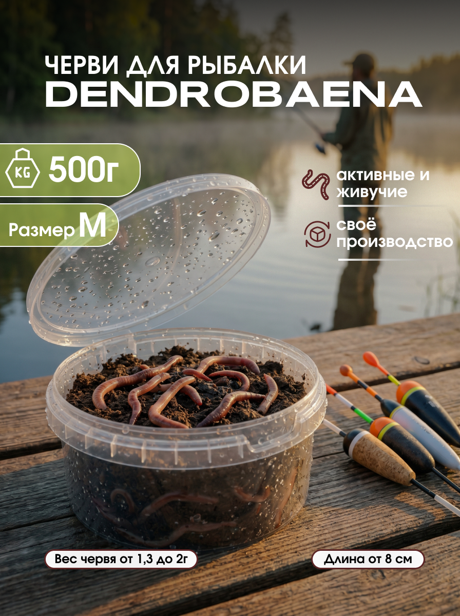 Живые черви для рыбалки Дендробена (Dendrobaena) (Размер M) Вес червя от 1.3 до 2г Общая масса червей без грунта 500г