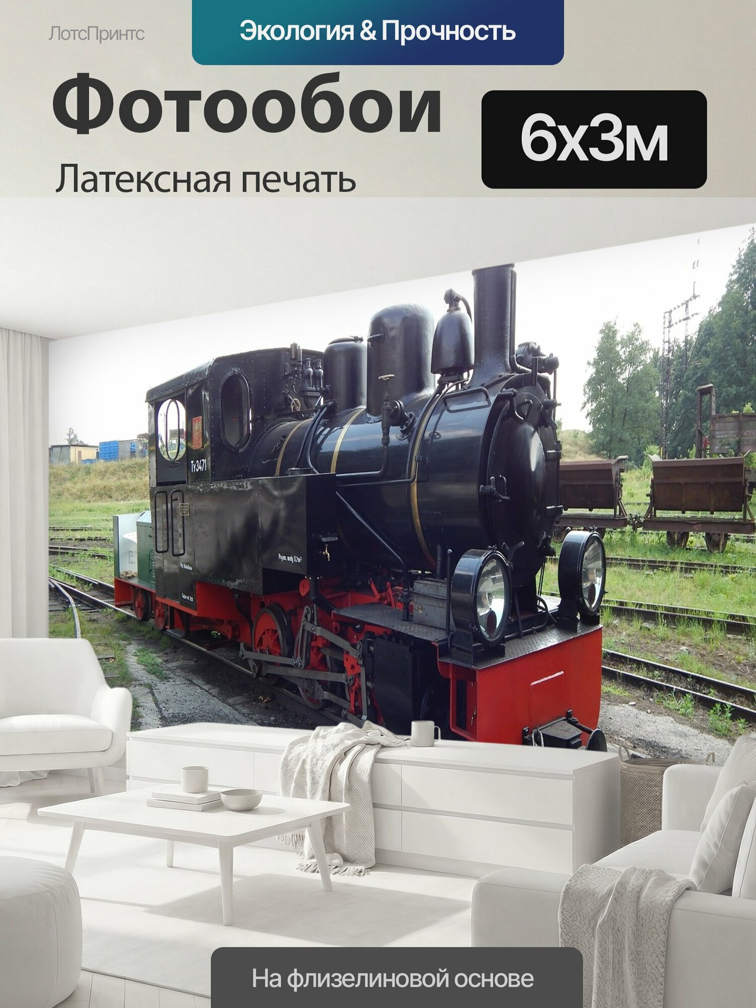 Фотообои моющиеся ударопрочные "Узкоколейная железная дорога, поезд, вагоны" 600x300 см. латексная печать