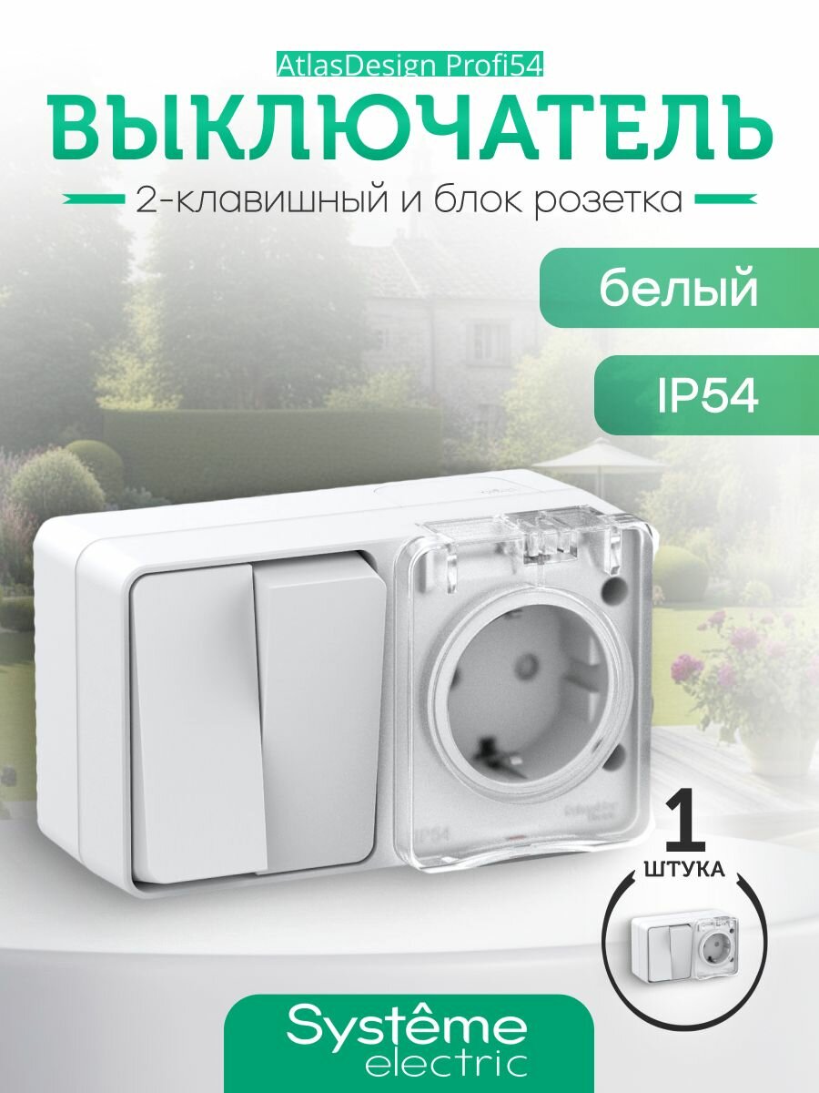Розетка накладная с двухклавишным выключателем и заземлением белая Schneider electric AtlasDesign ATN540174