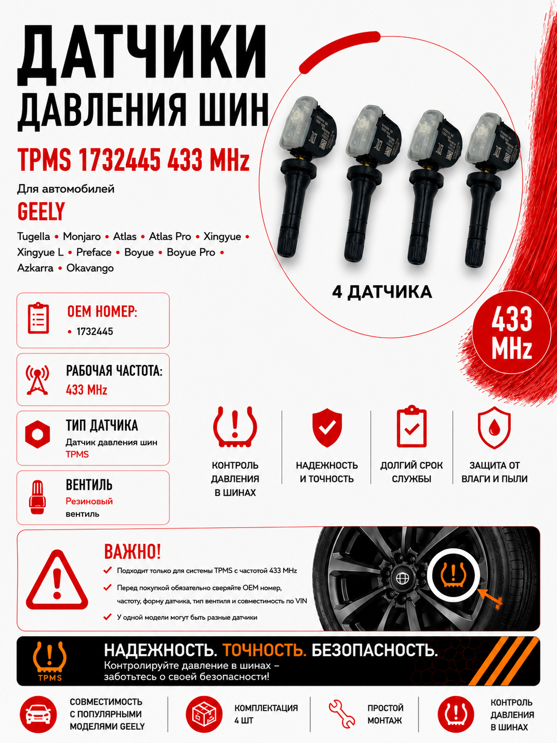 Комплект датчиков давления шин TPMS 1732445 433MHz для Geely Tugella