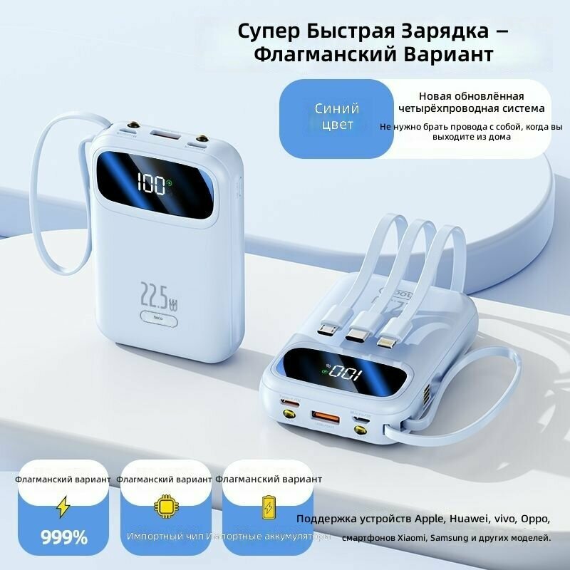 Портативное зарядное устройство hoco. 10000 мАч, 22.5W, синий, встроенные кабели, цифровой дисплей