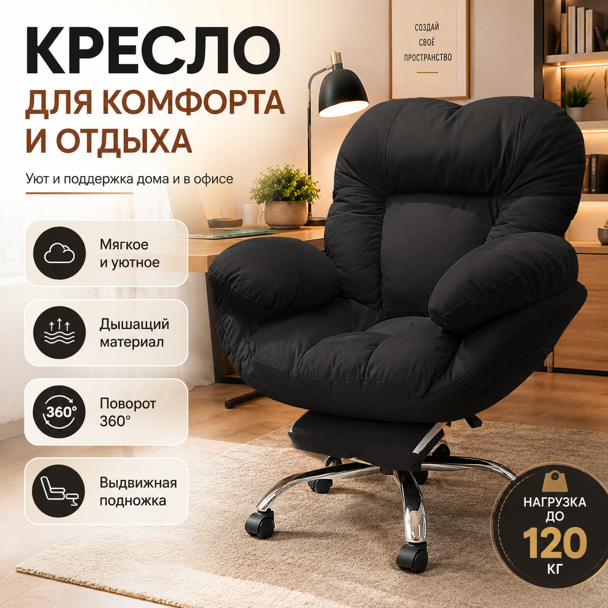 Кресло офисное, черное, с подлокотниками и колесиками, для компьютера