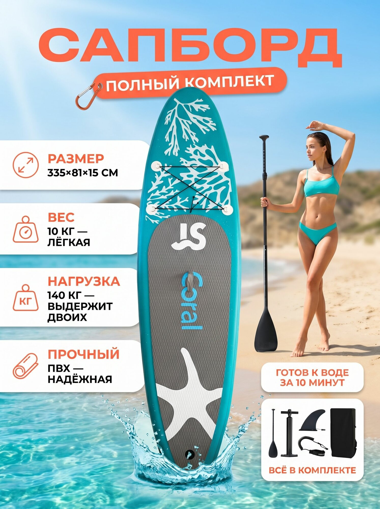 Сапборд надувной, с веслом и насосом, для сапсерфинга, 335х81х15 см, до 140 кг, ярко-бирюзовый