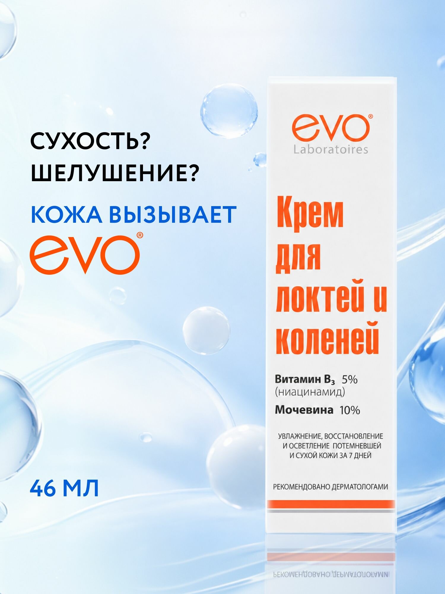 EVO/ЭВО Крем для локтей и коленей с ниацинамидом 5% (витамин В3) и мочевиной 10%, 46 мл