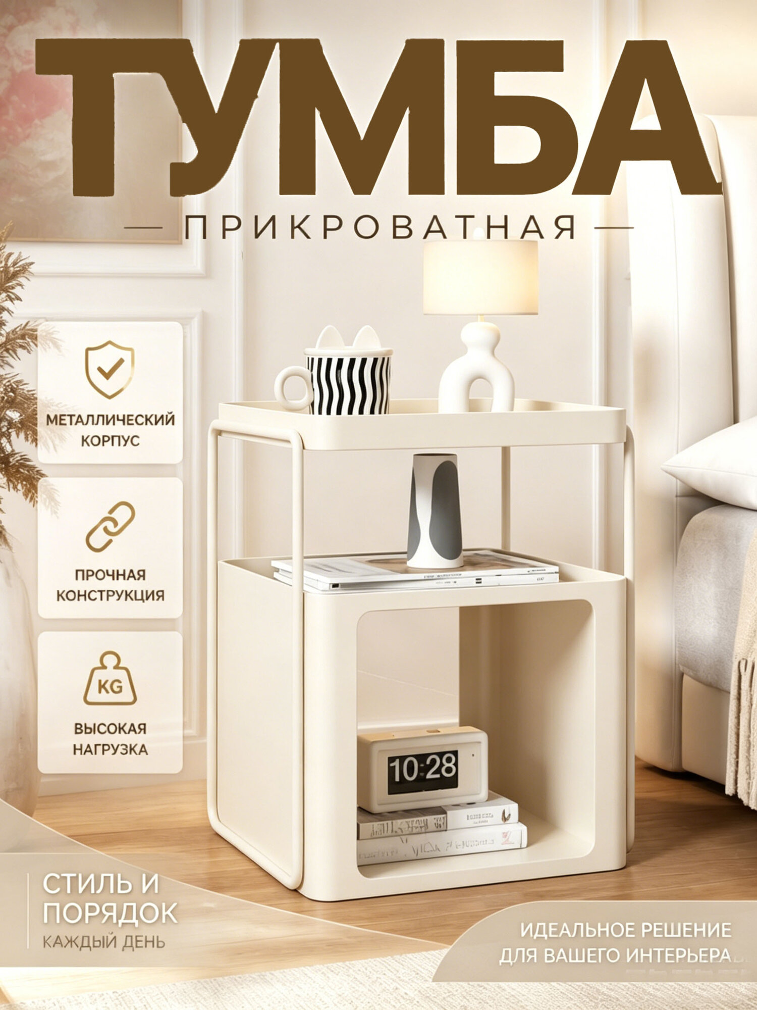 Тумба прикроватная металлическая черная с полками, подставка у дивана для хранения вещей в спальне и гостиной,43,8,54,43, металл, белый,1