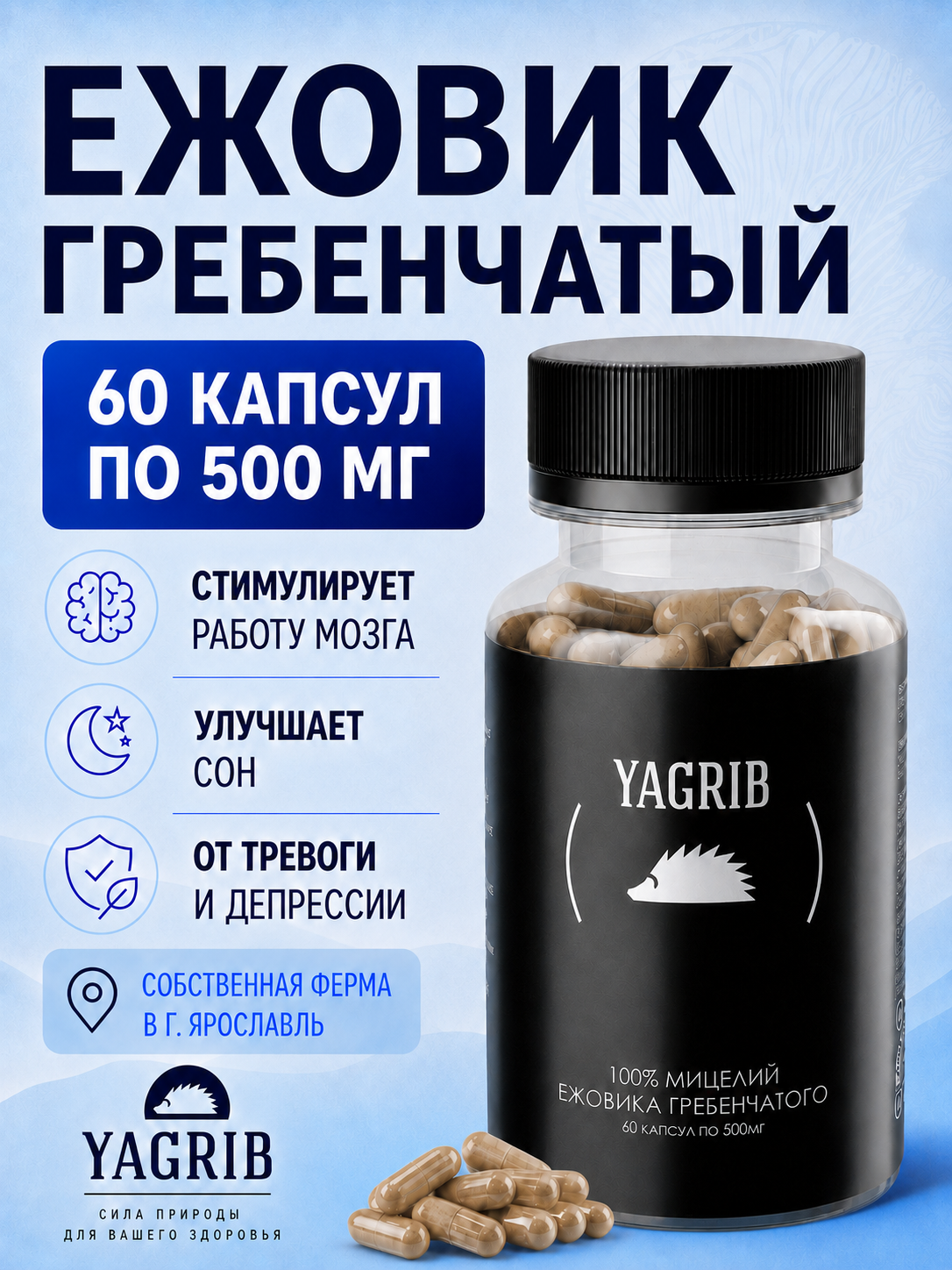 Ежовик гребенчатый (ежевик) 100% мицелий. 60 капсул по 500 мг, для мозга и иммунитета