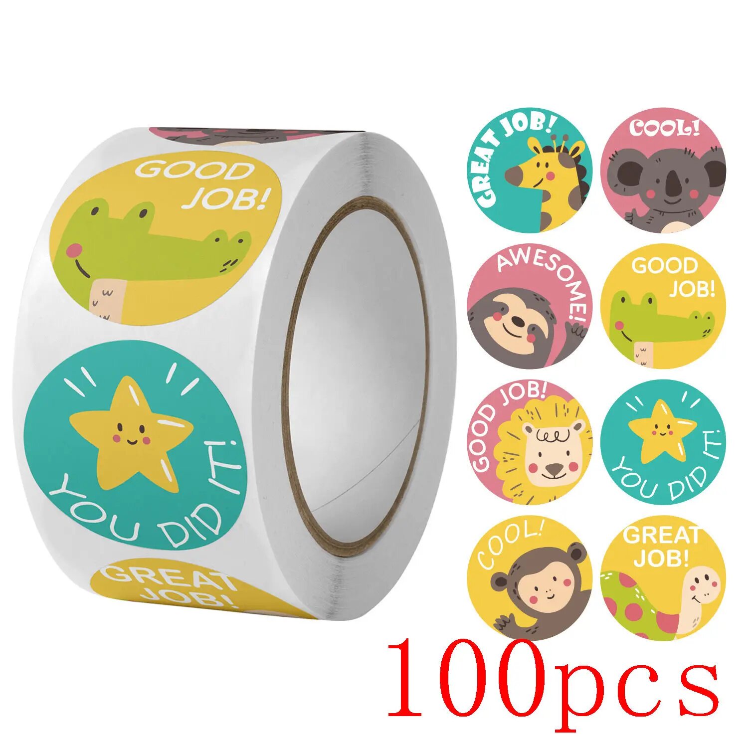 Наклейки "Молодец!" с животными, 100 шт.
