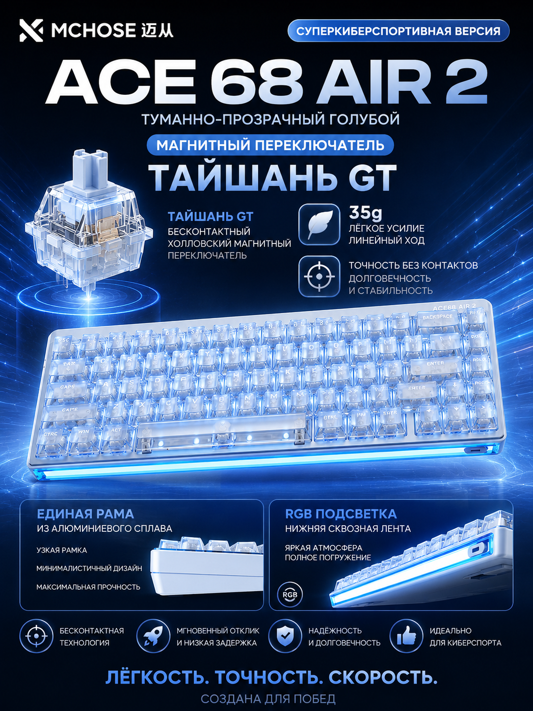 Игровая клавиатура проводная MCHOSE Ace 68 Air 2 магнитная клавиатура 8K опрос с переключателями Тайшань GT