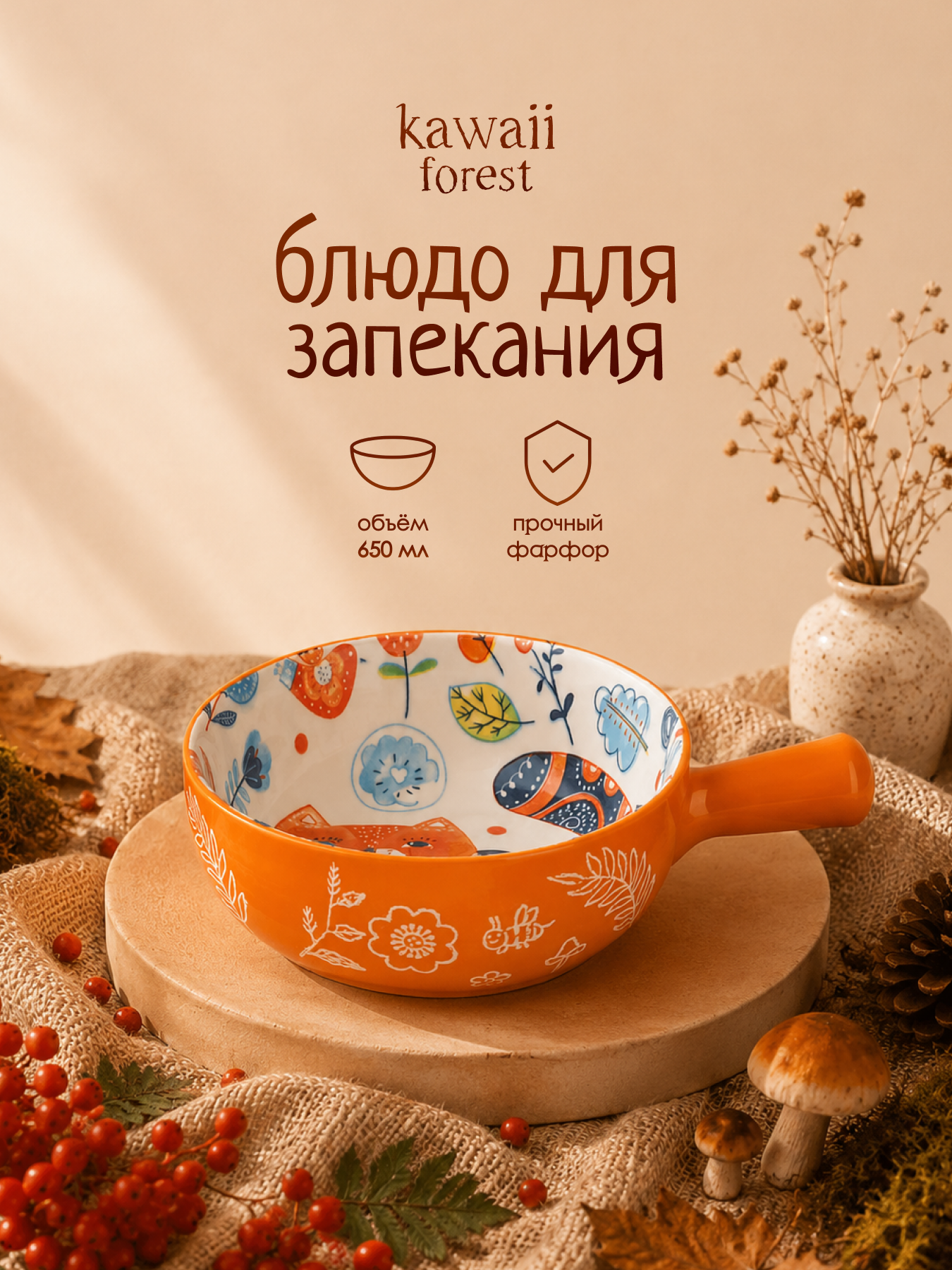 Емкость для запекания с ручкой фарфоровая Kawaii кот, 650 мл /кокотница