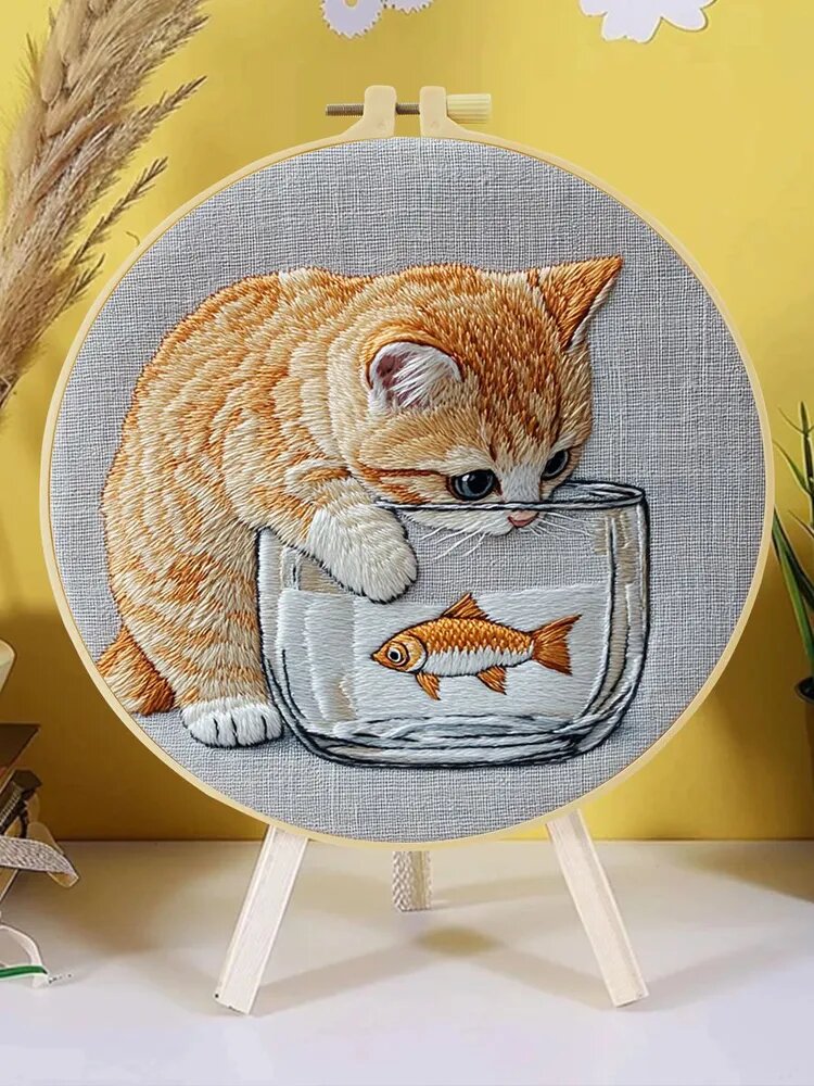 Набор для вышивания,20X20CM, подходит для начинающих, Непослушный кот