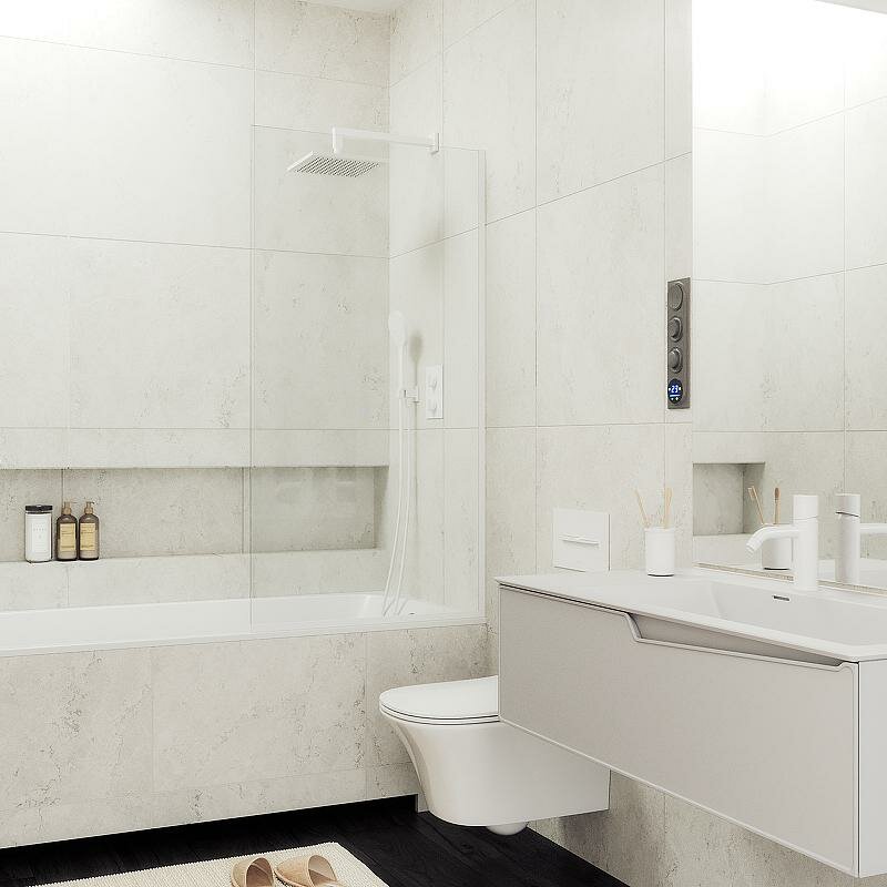 Шторка на ванну Maybah Glass MGV-65-1у 900x1400 в узком профиле Белый стекло прозрачное