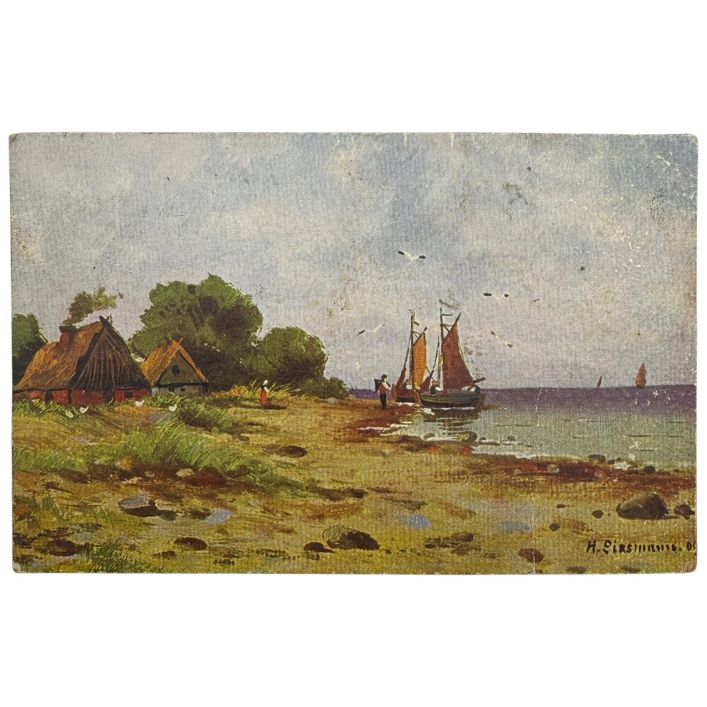 Почтовая открытка "Рыбацкие лодки у берега" 1900-1917 гг. Германская Империя
