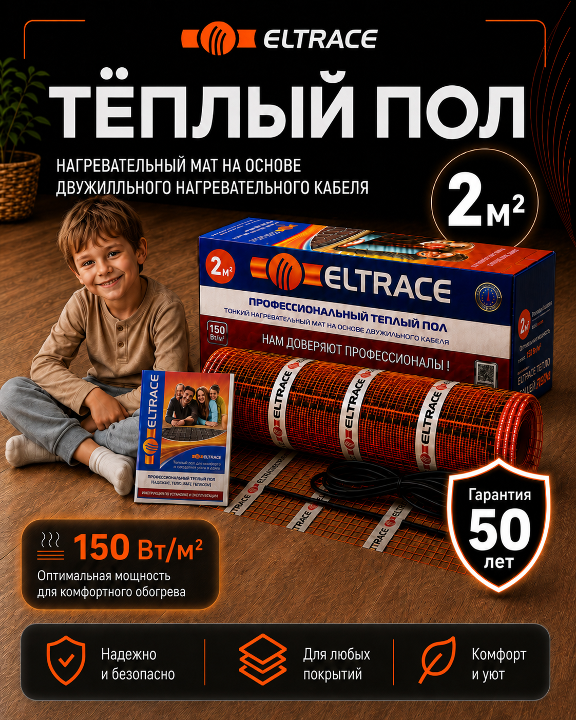 Тёплый пол электрический под плитку 2,0м2. Нагревательный мат.