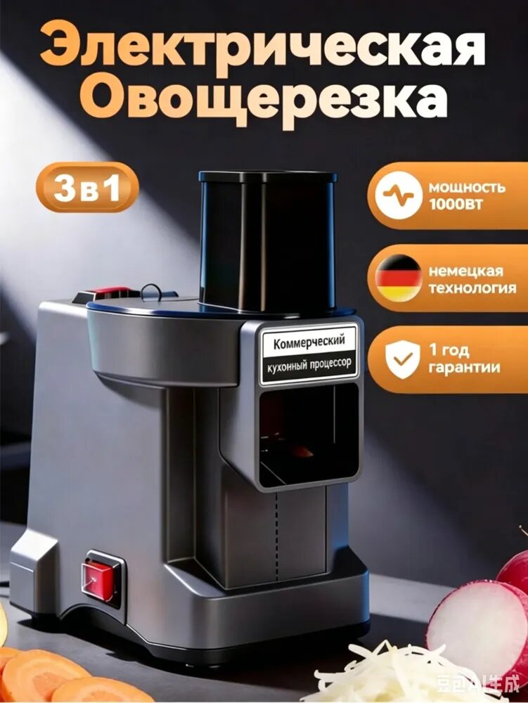 Черная электрическая овощерезка, 3 вида нарезки, мощность 1000 Вт, вес 5 кг, для кухни и общепита