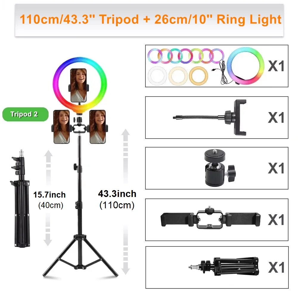 Светодиодный кольцевой светильник для селфи 10 дюймов Stand-110cm-RGB
