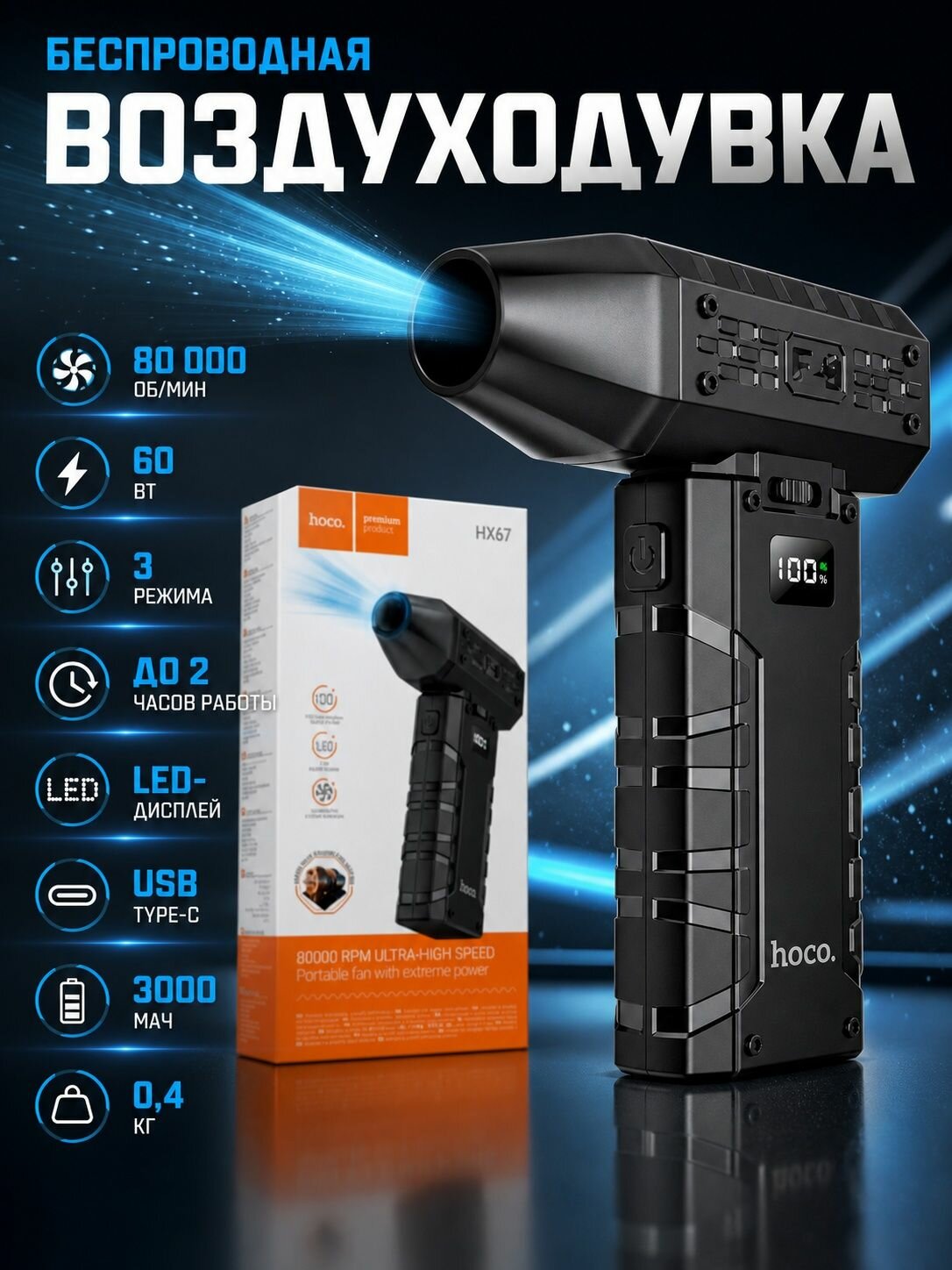 Воздуходувка беспроводная Hoco HX67 (3000 mAh) Черный