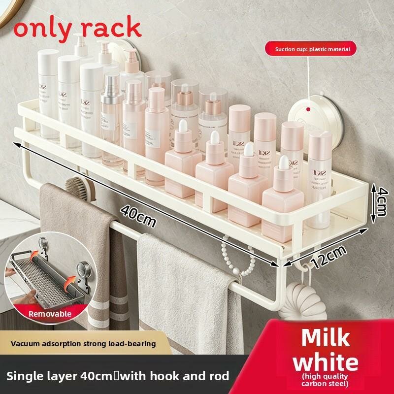 Modern suction cup shower shelf with layers for bathroom organization and towel hanging white with rod hook 40cm