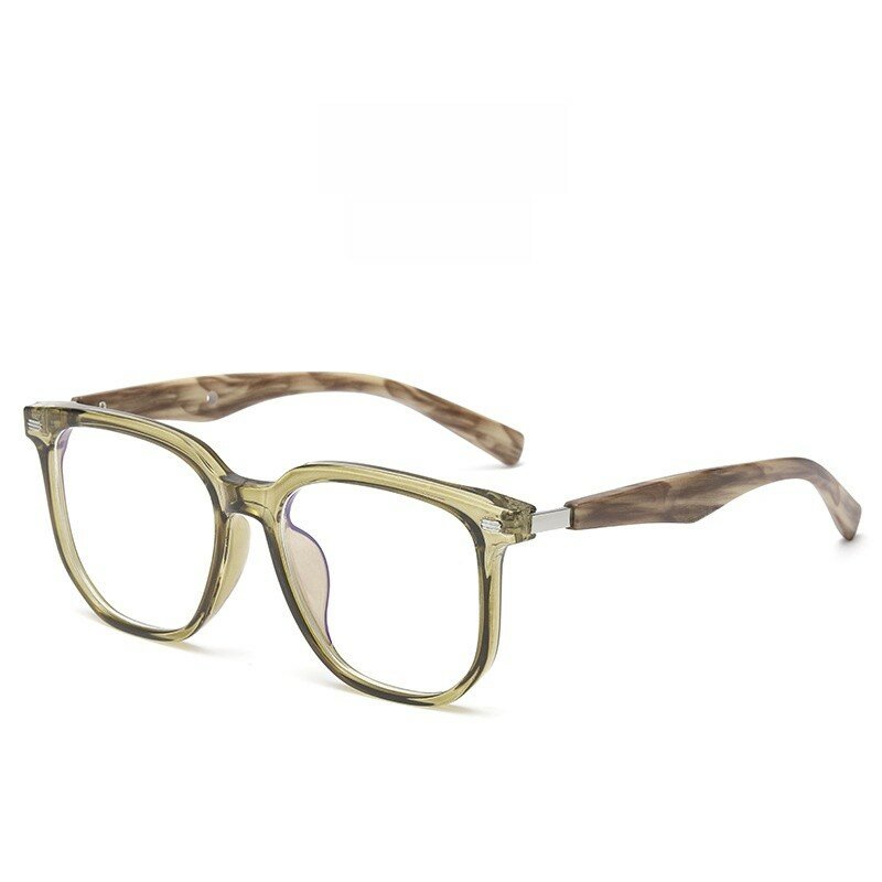 Modern casual blue light glasses with retro wooden texture square frame for men and women, transparent green