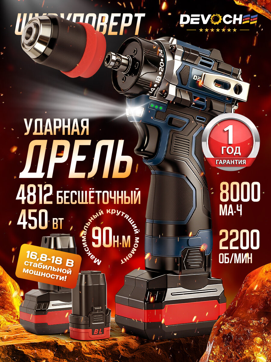 Ударный бесщеточный дрель-шуруповёрт 2-в-1 аккумуляторный 16.8В, 90 Нм, 2 скорости, LED подсветка, съёмный металлический патрон, 2 АКБ 2000+6000 мАч
