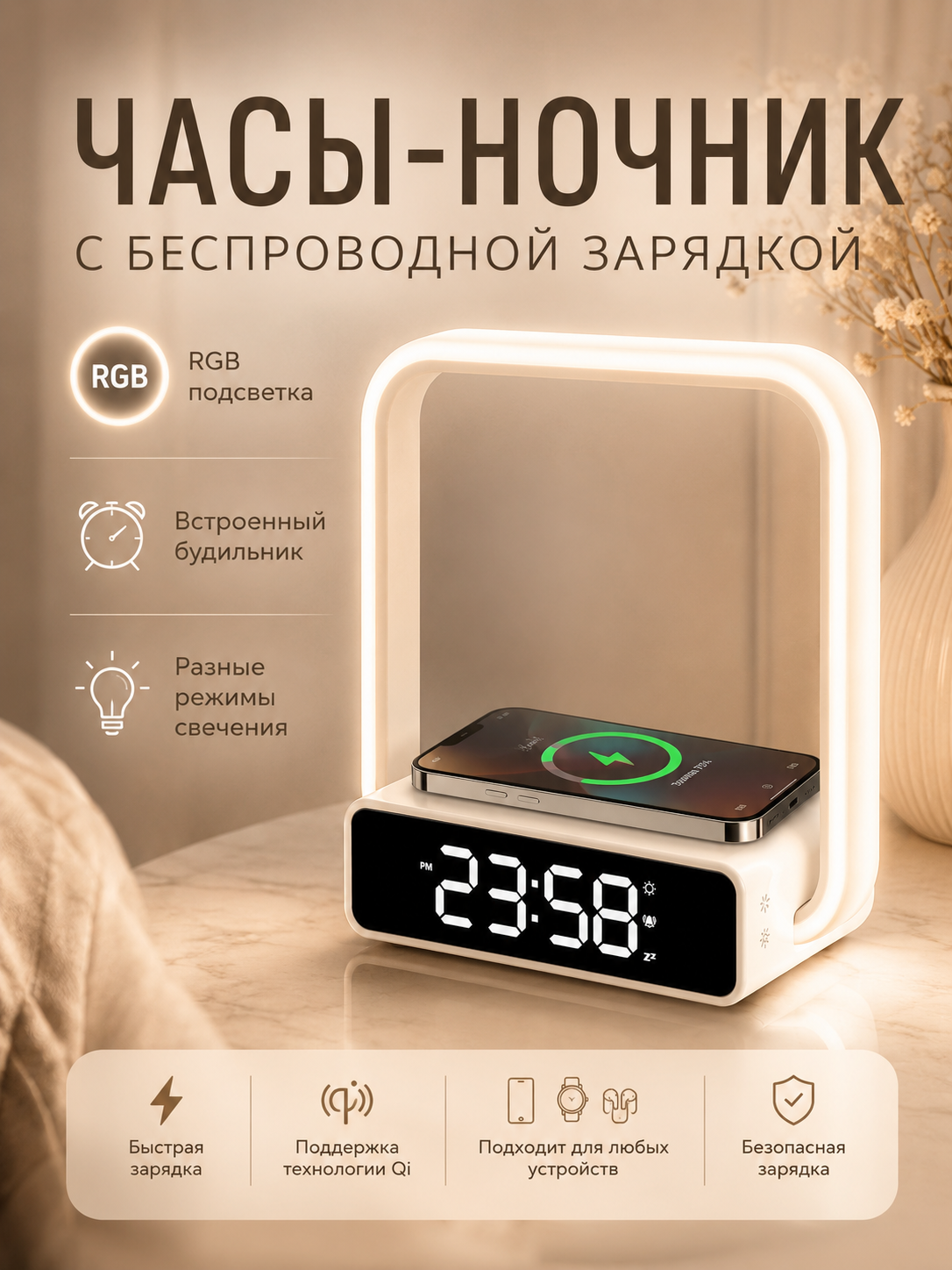 Светильник "Умный", с будильником, беспроводной зарядкой и RGB подсветкой