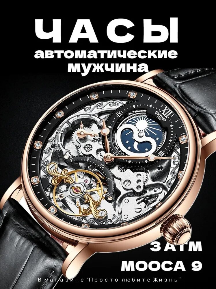 Часы наручные Механические Часы наручные механические с автоподзаводом, мужские, Подсветка, турбийон, время по Гринвичу, индикатор фазы луны